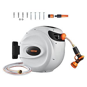 VEVOR Retractable Hose Reel, 65 ft x 5/8 inch, 180° Swivel Bracket Wall-Mounted, Garden Water Hose Reel with 9-Pattern Nozzle, Automatic Rewind, Lock at Any Length, and Slow Return System