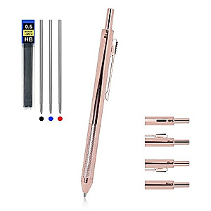 YOUMI Multicolor pen 4 in 1 Multifunction Pen with Metal Cased 0.5mm Mechanical Pencil Red Ballpoint Pen Blue BallpointPen and Black Ballpoint Pen Gift for Journaling (Rose gold)
