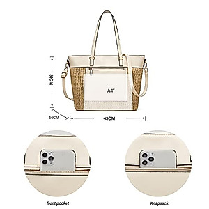 LMKIDS Women's Soft Artificial Leather Straw Woven Handbag, Shoulder Bag, Large Capacity Tassel Handbag. (Beige)