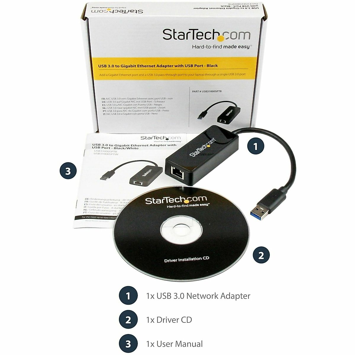 StarTech.com USB 3.0 Ethernet Adapter - USB 3.0 Network Adapter NIC with USB Port - USB to RJ45 - USB Passthrough (USB31000SPTB), Black, 0.7" x 1.4" x 5" x 5"