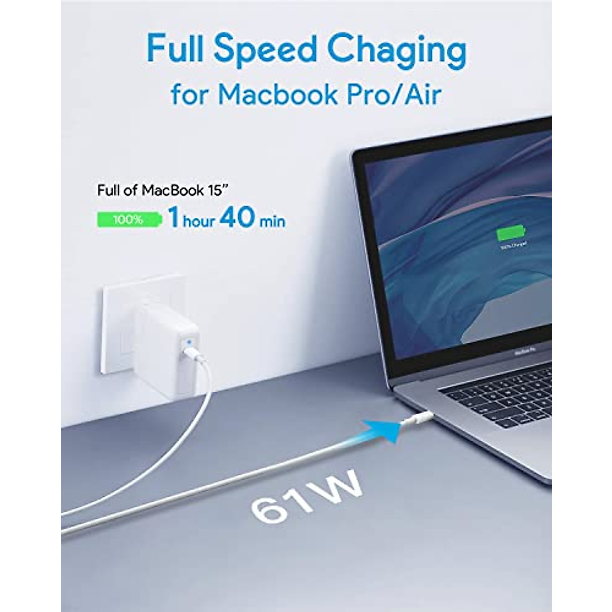 Mac Book Pro Charger, 61W/67W USB C Charger Power Adapter for MacBook Pro/Air 13/14 Inch, for MacBook 12 Inch,Included USB-C to USB-C Charge Cable (6.6ft/2m)