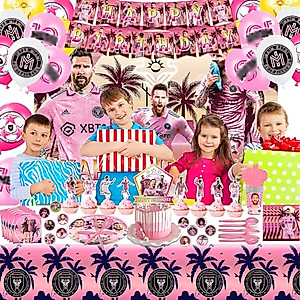 𝓜𝓮𝓼𝓼𝓲 Birthday Party Decorations 136pcs Pink Miami Birthday Supplies,Include Happy Birthday Banner,Balloons,Cake Topper,Cupcake Topper Backdrop,Tablecloth Etc Meet all your needs