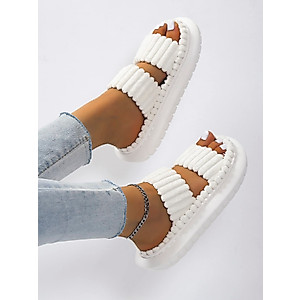 OYOANGLE Women's Solid Minimalist Stripe Fuzzy Bedroom Slippers Fashion Warm Furry Open Toe House Slipper White CN42-43