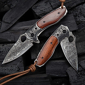 SPIRIT DEED edc pocket knife for men,2.5in japanese handmade vg10 damascus steel,rosewood handle,liner lock,leather sheath,folding knives for camping and hunting (rosewood, 2.8)