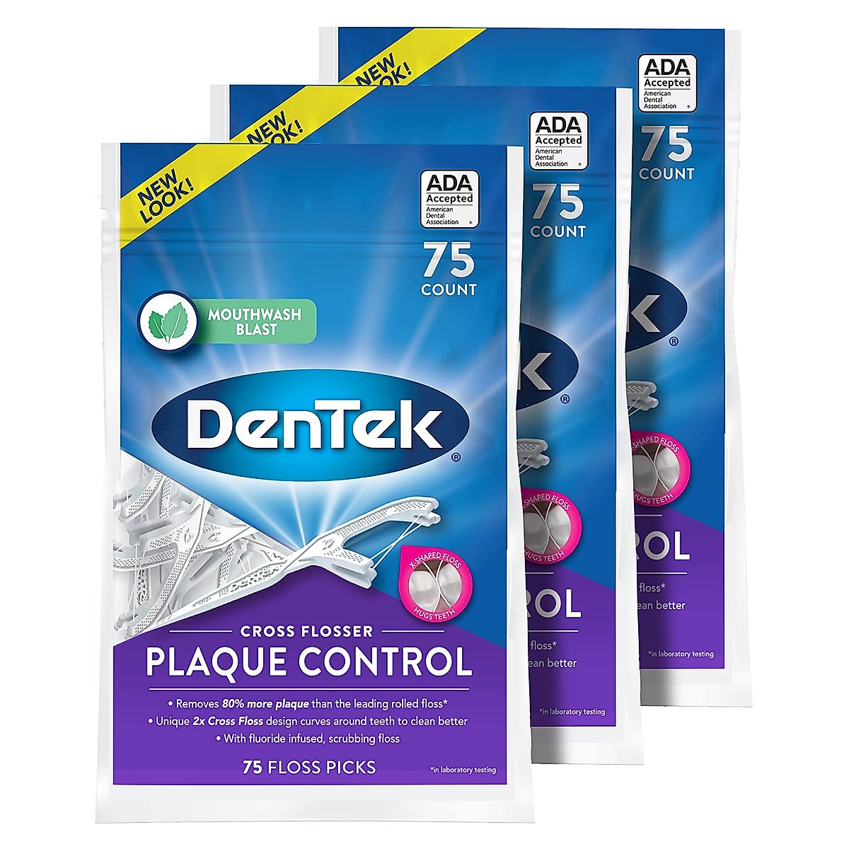 DenTek Cross Flosser Plaque Control Floss Picks, X-Shaped Floss, 75 Count, 3 Pack