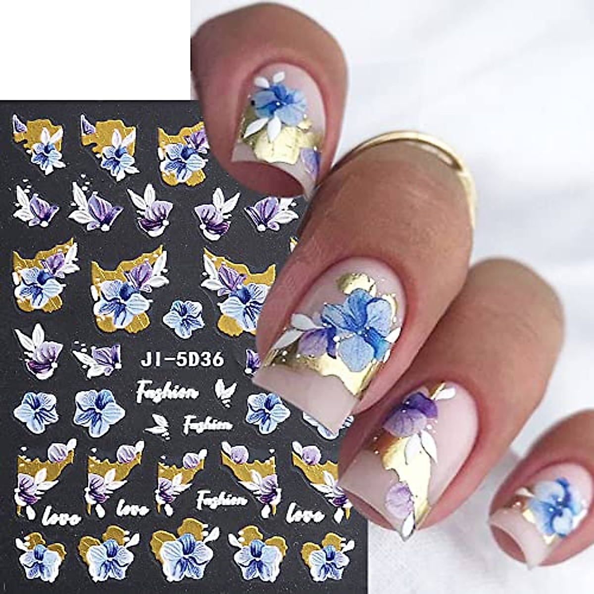 5D Flowers Nail Art Stickers, 6 Sheets Self Adhesive Nail Decals Spring Daisy Nail Art Design Cherry Blossom Stickers for Acrylic Nails Gold Bronzing Pegatinas Uñas Nail Stickers for Women