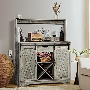 Wnutrees Farmhouse Coffee Bar Cabinet with Charging Station and USB Ports,Sliding Barn Door,43" Kitchen Hutch Sideboard Buffet Storage Cabinet,Fits Kitchen Dining Living Room,Grey