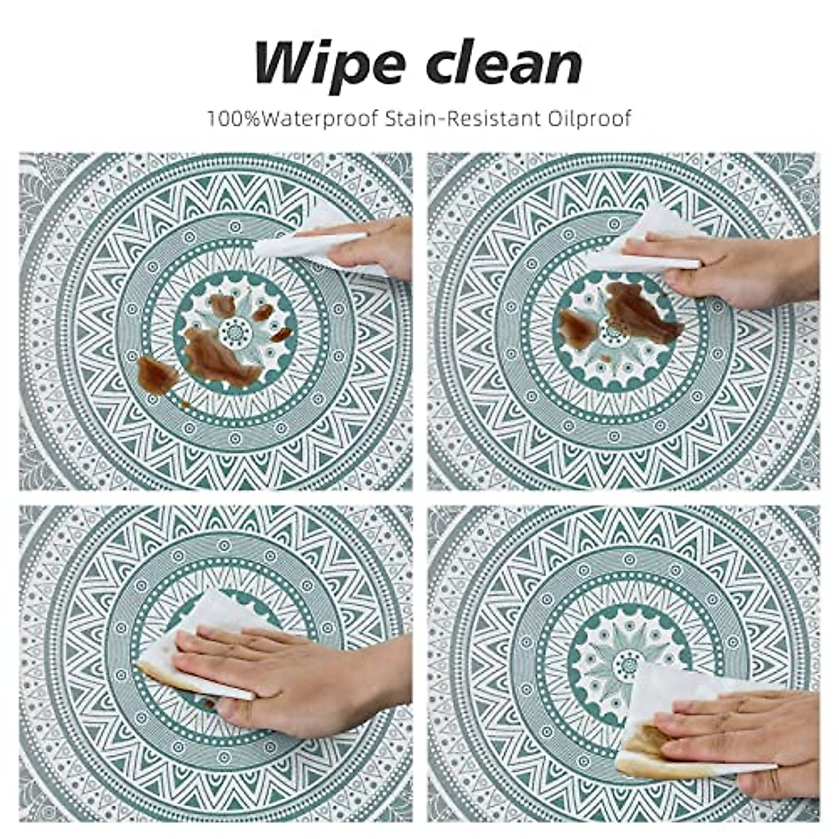 WILL BUDXEG Teal Grey Boho Modern Mandala Turquoise Round Fitted Table Cover Elastic Edge Circle Tablecloth for Outdoor Dining Party Holiday Fits Table up 45"-50" Diameter