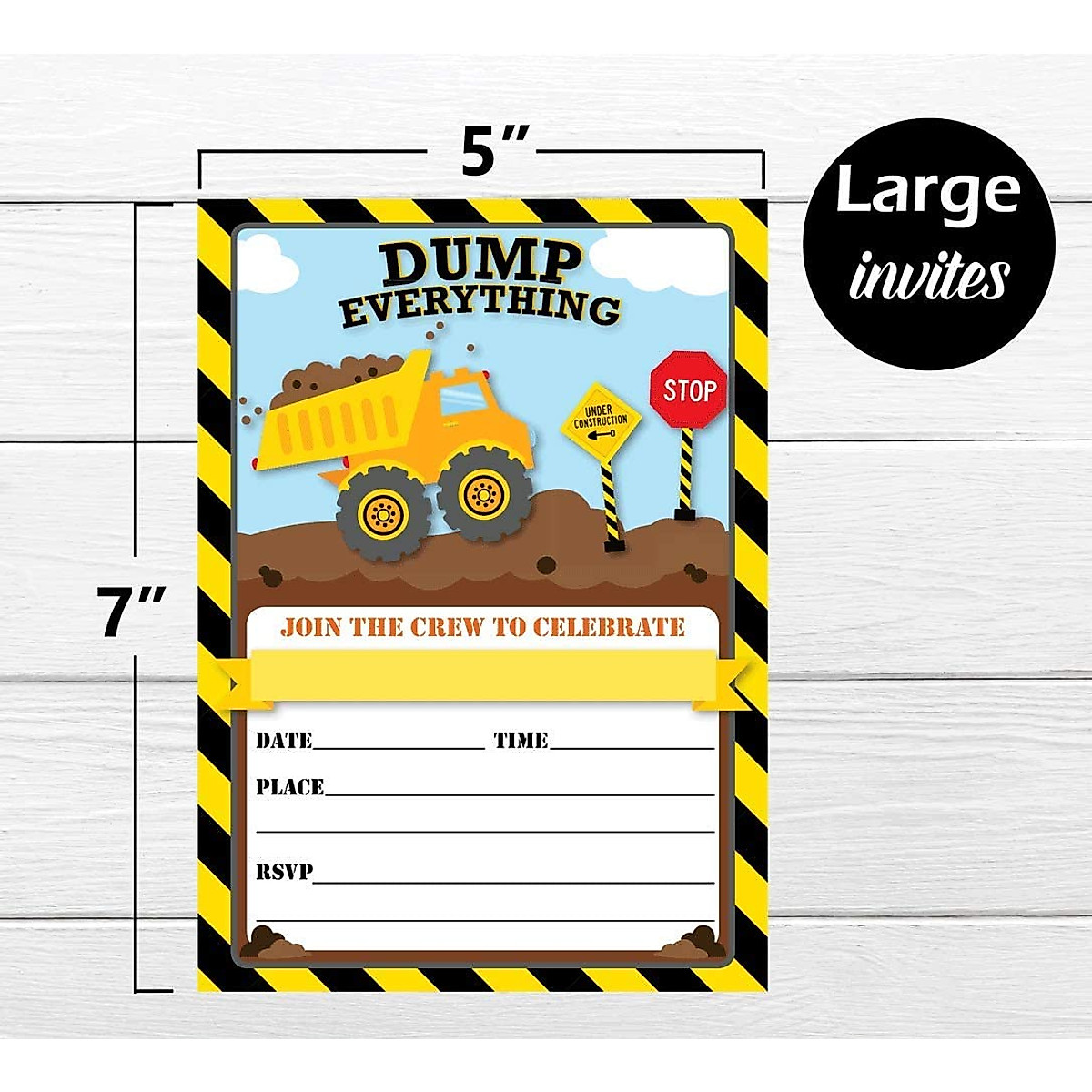 25 Construction Invitations and Envelopes (Large Size 5x7) (25 Pack)