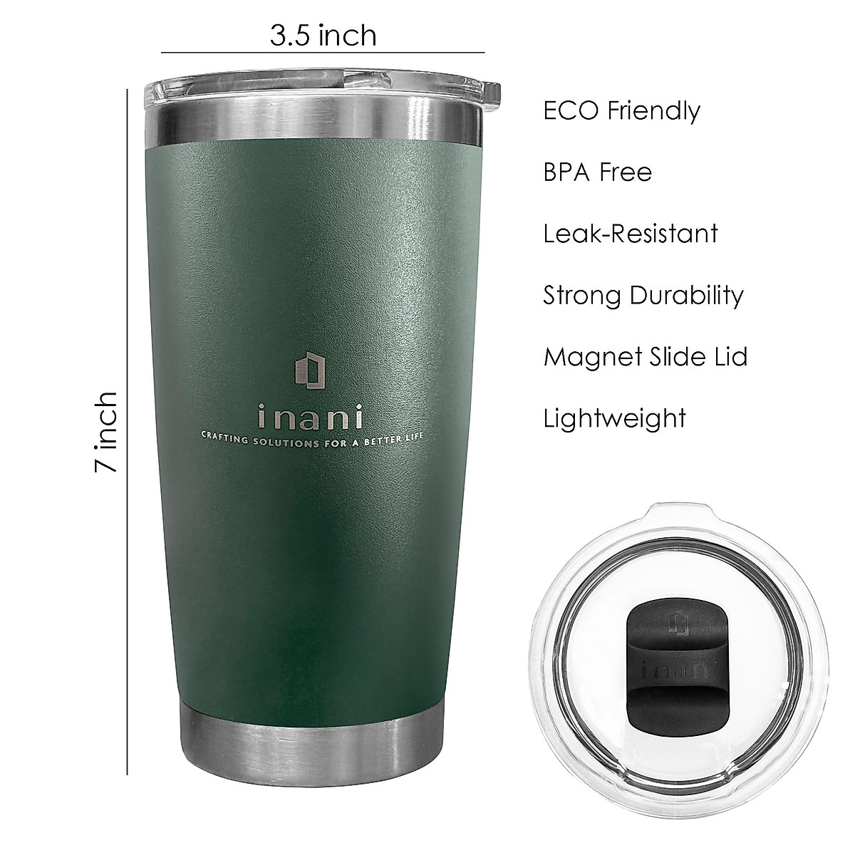 inani 20oz Stainless Steel Tumbler, Insulated Travel Coffee Cup, Leak-Resistant, Spill-Proof Lid, Dishwasher Safe, BPA-Free, Double-Wall Insulated Premium Travel Mug For Hot Or Iced Coffee, Moss Green