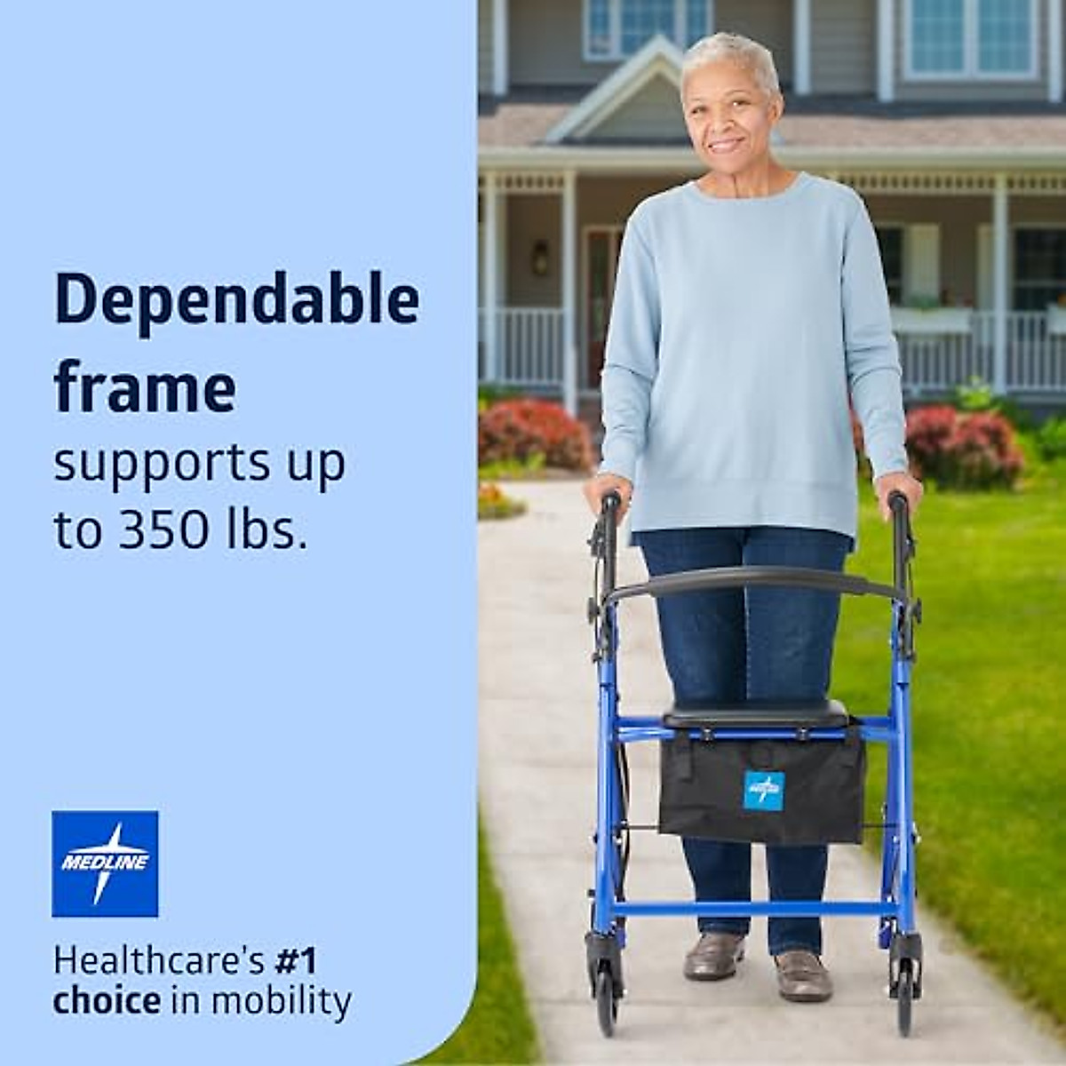 Medline Steel Rollator Walker for Adult Mobility Impairment, Blue, 350 lb. Weight Capacity, 6” Wheels, Foldable, Adjustable Handles, Rolling Walker for Seniors