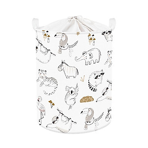 Clastyle 45L Sketch Forest Animal Kid Clothes Hamper Elephant Raccoon Laundry Basket for Boy Girl Leopard Zebra Round Toy Clothes Storage Basket for Nursery Room