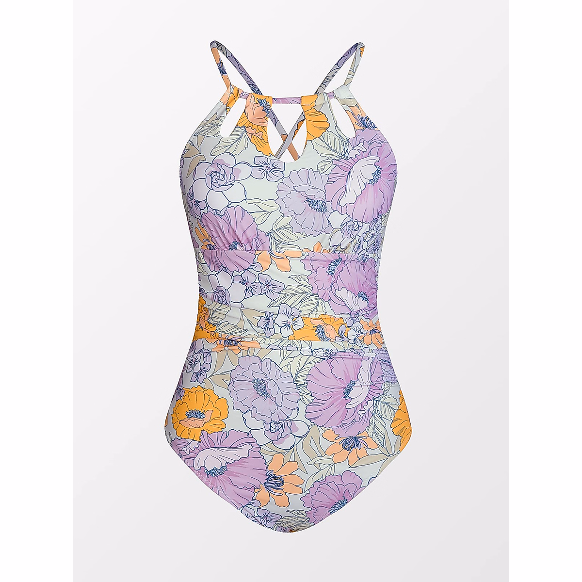 CUPSHE Women Swimsuit One Piece Tummy Control Ruched Self Tie Cutout Floral Bathing Suit, M Lavender