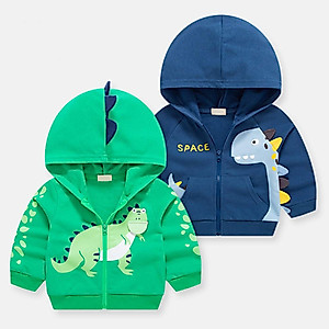 Azalquat Baby Toddler Boys Dinosaur Hooded Zip Jacket Casual Outerwear Active Sweatshirt (Green Dinosaur, 4-5T)