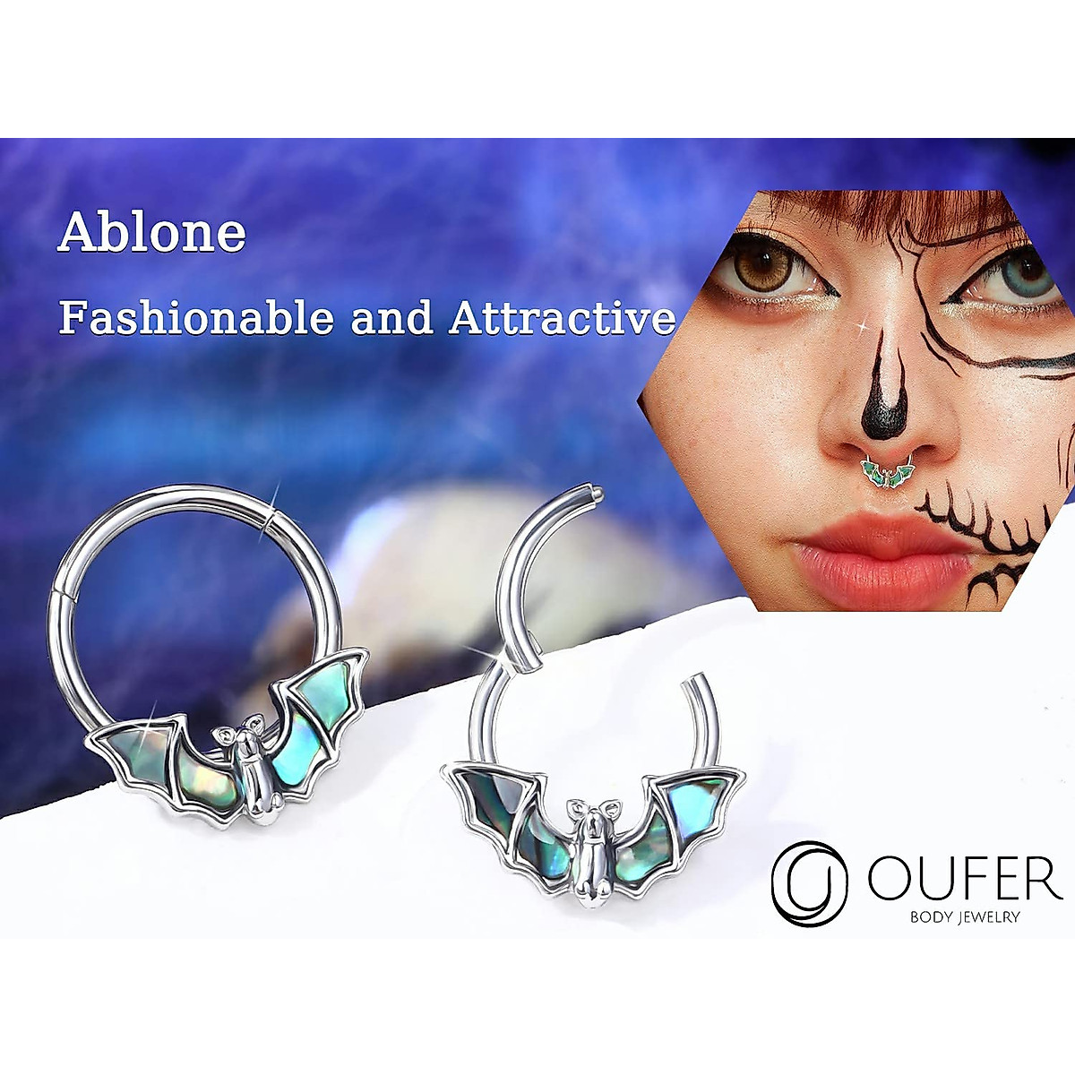 OUFER 16G Septum Rings Hoops, 316L Stainless Steel Septum Piercings, Black Bat Design Cartilage Earrings, Helix Conch Daith Piercing Jewelry for Women and Men-10MM