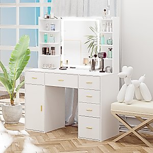 VoirStar Vanity Desk with Mirror & Light, Makeup Vanity with Lights, 6 Drawers Makeup Table with Mirror, 3 Lighting Colors, Dressing Table, Large Storage Vanity Desk with Shelf, White