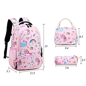 Unicorn School Backpack for Girls - 3 in 1 Kids Waterproof Cute School Bookbag Set with Lunch Bag Pencil Case for Kindergarten Elementary Pink
