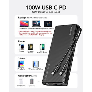 VEGER 25000mAh Portable Laptop Charger with Built-in Cables, Laptop Power Bank 100W PD/PPS Fast Charging Battery Pack (Total 130W) for MacBook Dell XPS iPad iPhone 14/13/12 Series, Samsung, More