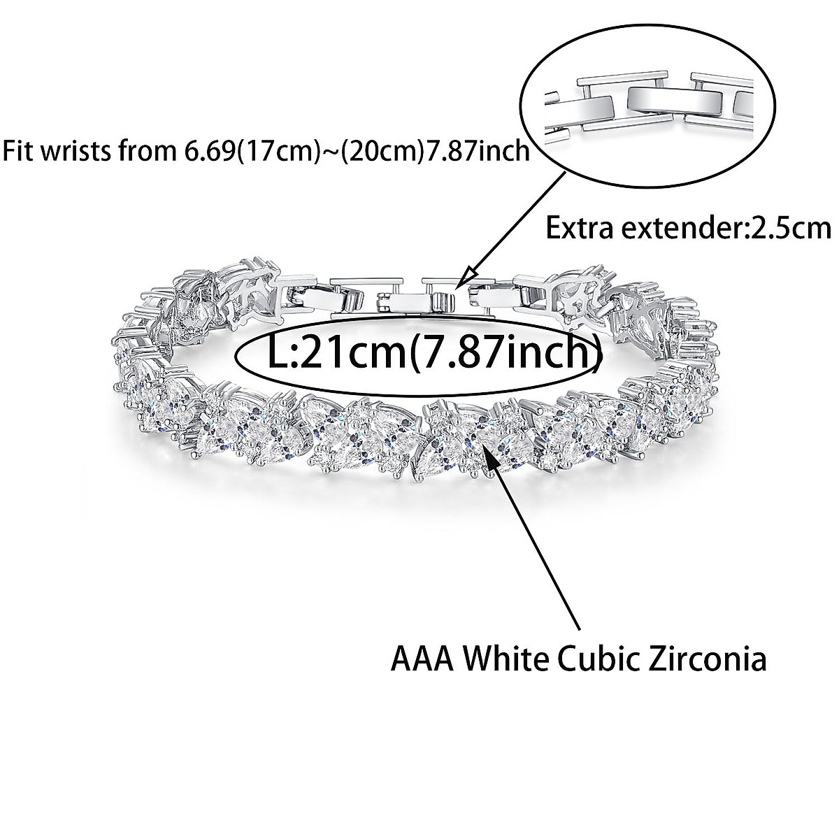 Hadskiss Wedding Tennis Bracelet for Brides Bridesmaid, White Gold Plated Marquise Cubic Zirconia Prom Jewelry, Silver Bracelet Wedding Party Jewelry for Women