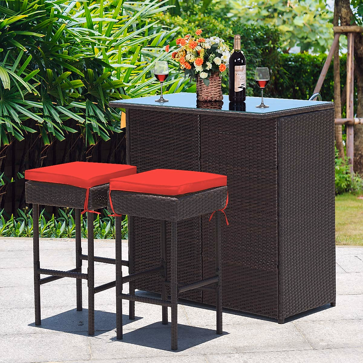 Toolsempire 3 Pieces Patio Bar Set Outdoor Bar Set, Wicker Bar Set with Tempered Glass Table-Top & Two Stools, Outdoor Furniture Bistro Set for Porch, Poolside, Backyard, (Red)