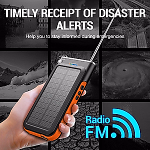 Solar Power Bank 36800mAh, Emergency FM Radio & Bluetooth Speaker, Built-in 2 Cables and Kickstand 15W Fast Charging LED Flashlight, USB C Input/Output Compatible with All Mobile Devices (Black)