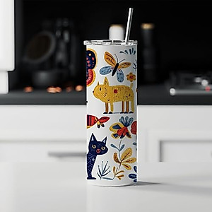 Tumbler with Lid and Straw Abstract Flora and Fauna Print thermos coffee travel mugcute cups 20 oz insulated tumbler for Daily Holiday Decor Gift coffee cup
