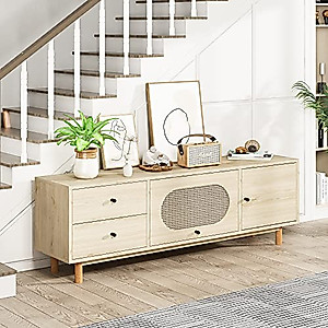 AWQM Rattan TV Stand for 70 Inch TV, Entertainment Center Cabinet with 2 Drawers and Cabinet Storage, Farmhouse TV Console Table for Living Room or Media Room, Oak
