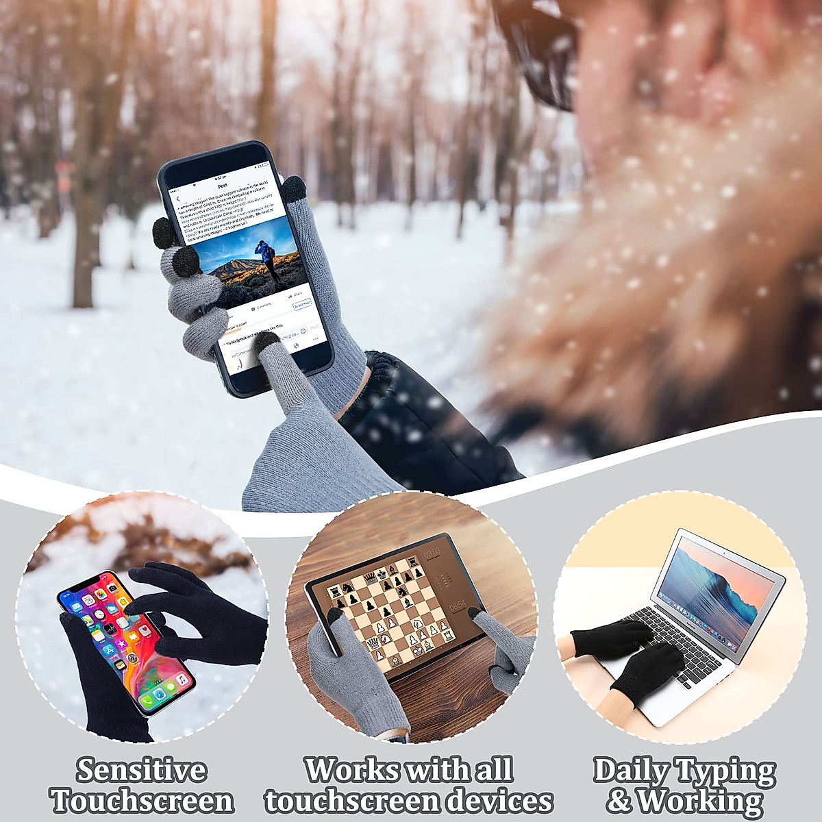 4 Pieces Winter Satin Lined Beanie Hat Knit Plain Satin Hat Touchscreen Gloves Set for Women Men (Black, Light Gray, Classic Style)