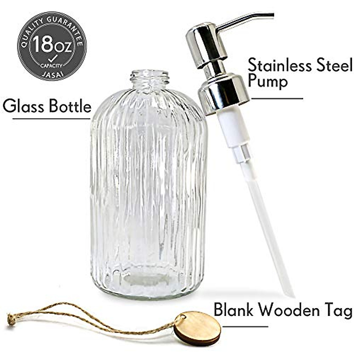 JASAI 18 Oz Clear Glass Soap Dispenser with Rust Proof Stainless Steel Pump, Refillable Liquid Hand Soap Dispenser for Bathroom, Premium Kitchen Soap Dispenser (Clear).