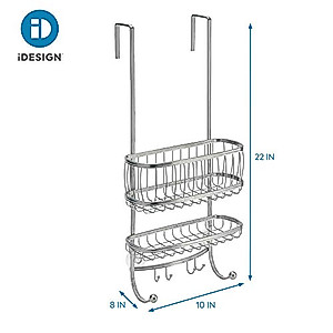 iDesign York Bathroom Over the Door Shower Caddy with Storage Baskets Shelves and Hooks for Shampoo, Conditioner, Soap, Silver