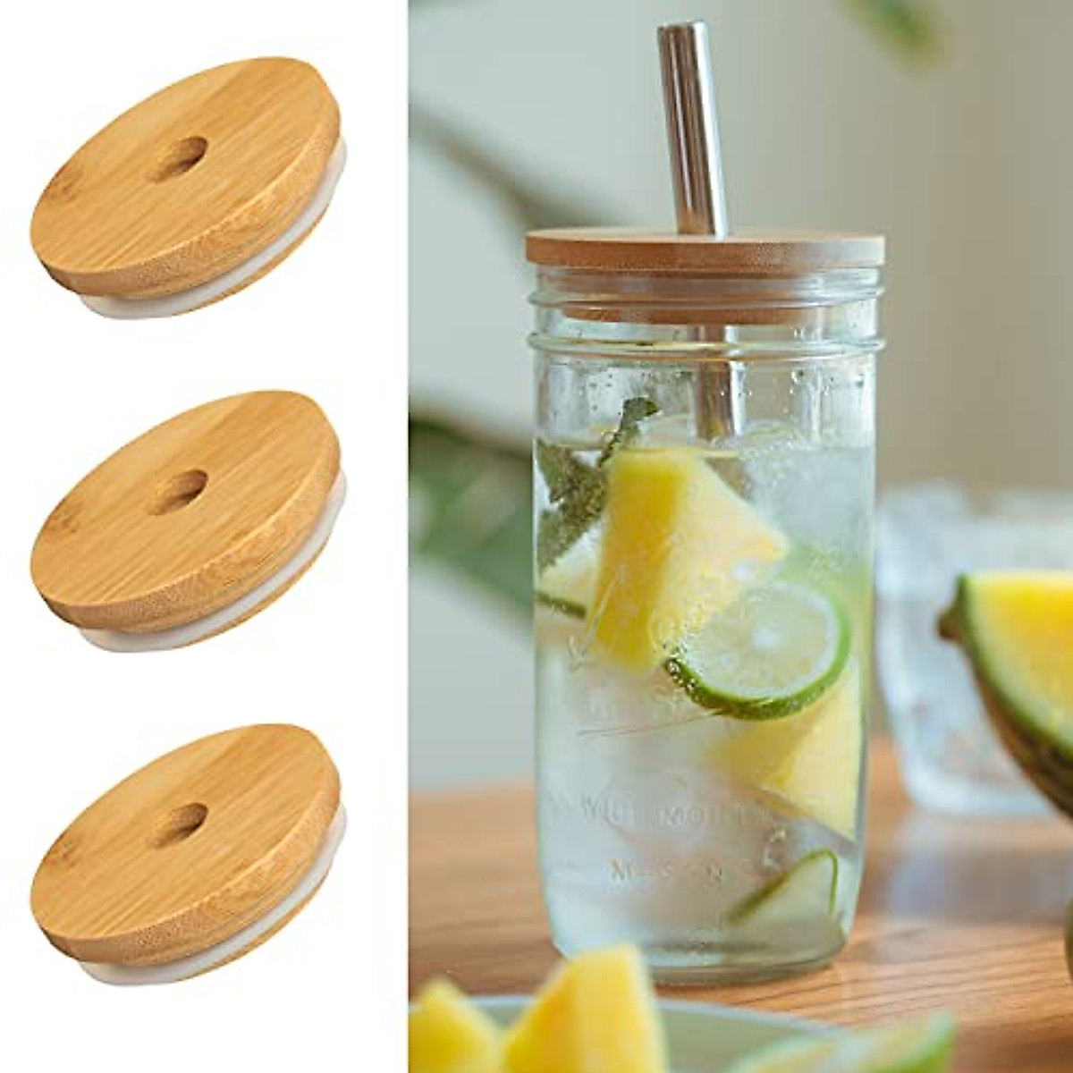 Mason Jar Lids with Straw, 9 Pcs Reusable Regular Mouth Bamboo Mason Jar Lids (86mm)