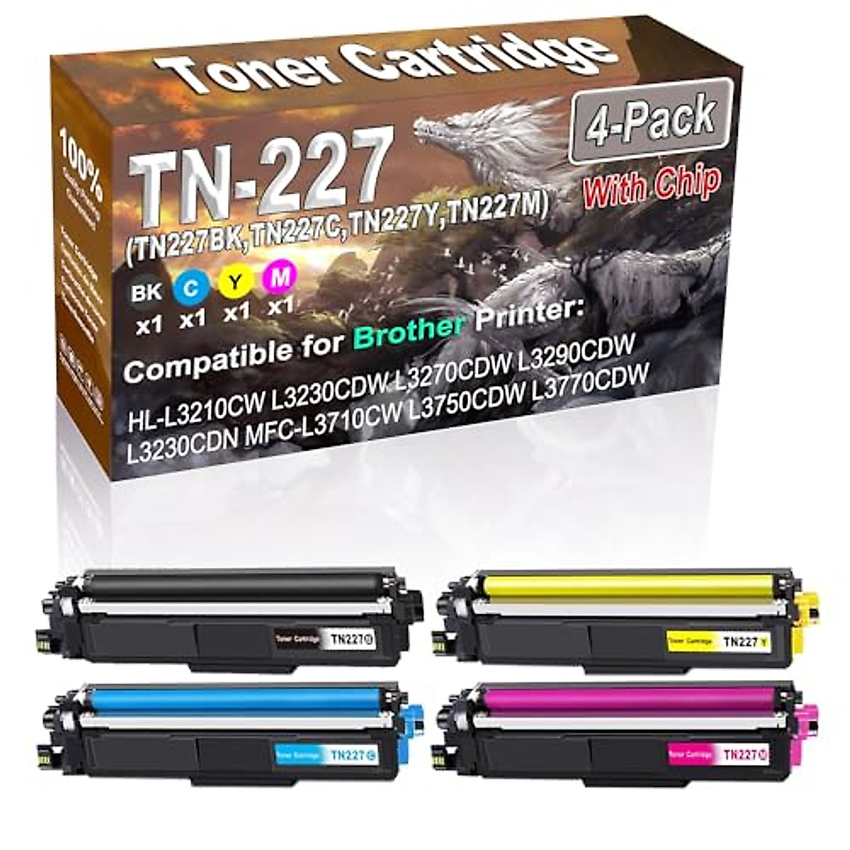 4-Pack (BK/C/Y/M) Compatible HL-L3210CW L3230CDW L3270CDW L3290CDW Color Toner Cartridge (High Capacity) Replacement for TN227 (TN-227BK TN-227C TN-227Y TN-227M) (With Chip) Printer Toner Cartridge