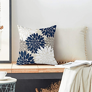 GIOPAMGO Navy Blue White Pillow Covers 18x18 Set of 2, Gray Abstract Dahlia Farmhouse Decorations Throw Pillow Covers Geometry Design Summer Outdoors Decorative Linen Cushion Case for Couch Sofa Home