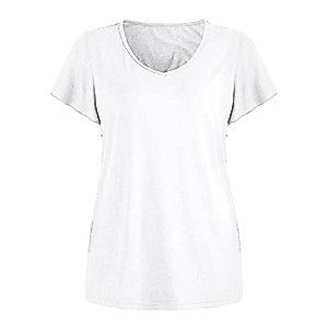 wodceeke Women's Short-Sleeved V-Neck Plain T-Shirt Casual Loose Basic Tee Summer All-Match Blouse Tops (White, L)