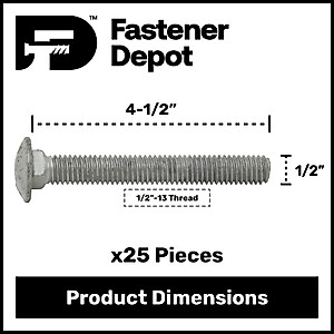 1/2"-13 x 4-1/2" Hot Dipped Galvanized Carriage Bolt, Full Thread, Quantity 25 - by Fastener Depot, LLC