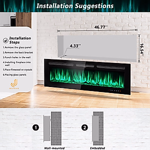 Jolydale Electric Fireplace 50 inch Wall Mounted and Recessed with Remote Control and Touch Panel Control, Timer,12-Level Adjustable Flame Colors and Speed