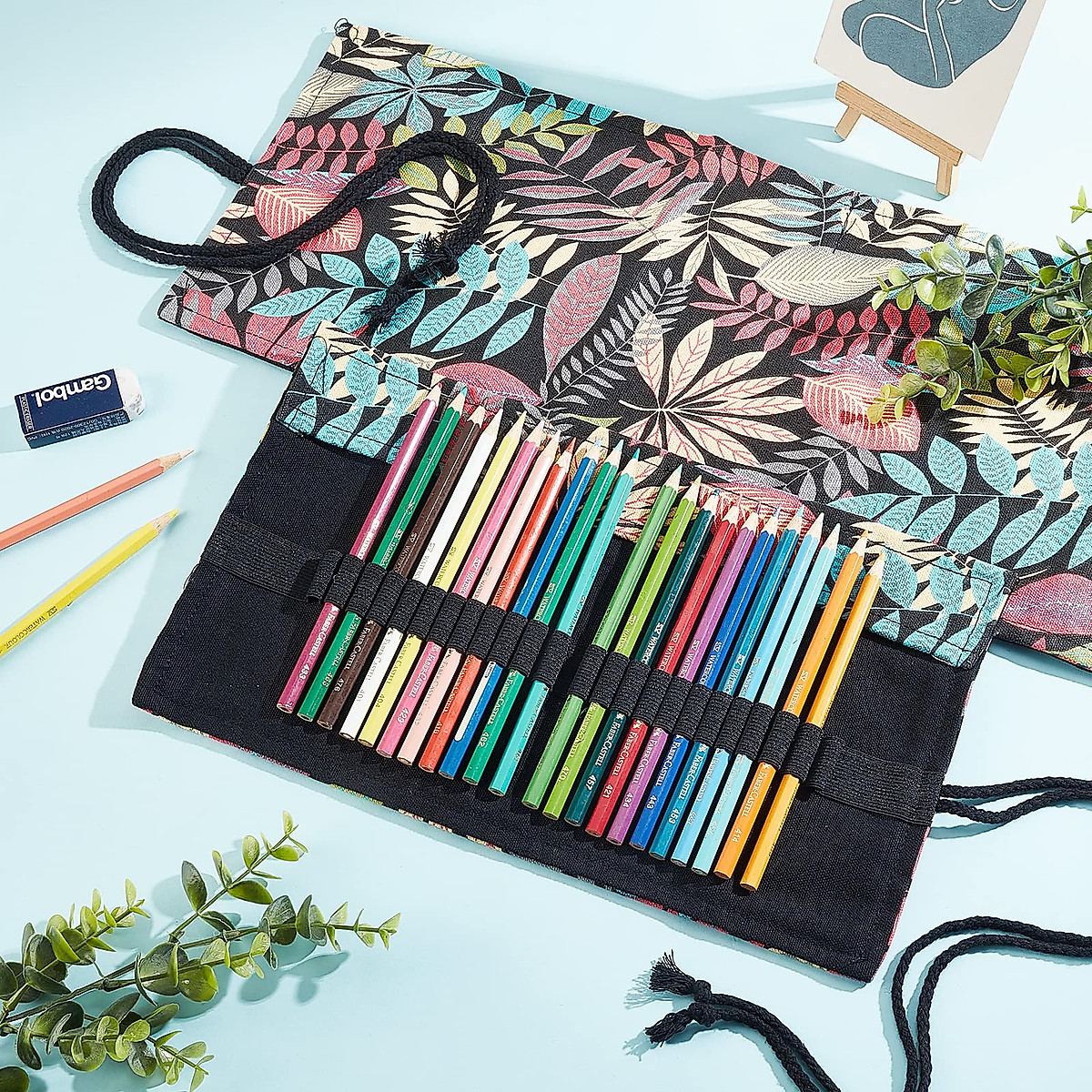 NBEADS 2 Pcs Paint Brush Roll Up Bag, 2 Styles 24 Slots/48 Slots Boho Canvas Pencil Roll Wrap Pouch Makeup Brushes Case Watercolor Brush Holder Organizer Foldable for Artist Draw Pen, Leaf Pattern