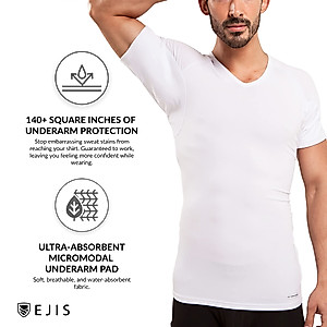 Ejis Sweat Defense Undershirt | V Neck (3-Pack) | Underarm Sweat Proof Micro Modal (Medium, White)