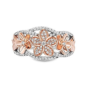 Jewelili Enchanted Disney Fine Jewelry Sterling Silver and 10K Rose Gold 1/4 Cttw Natural White Round Diamond Moana Plumeria Flower Ring, Size 9