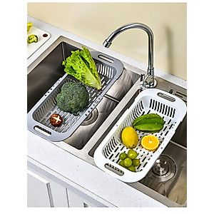 FENGZIZH Adjustable Dish Drainer Dish Rack Over The Sink,Drying Rack, Extendable Vegetable Fruit Washing Basket, Collapsible Strainer Basket,Plastics(Grey+White)