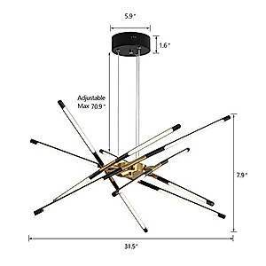 Q&S LED Modern Sputnik Chandelier,Black and Gold Mid-Century Dimmable Chandeliers with Remote for Dining Room Living Room 12 Lights