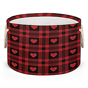 Red Love Heart Plaid Large Round Baskets for Storage Laundry Baskets with Handles Blanket Storage Basket for Bathroom Shelves Bins for Organizing Nursery Hamper Girl Boy