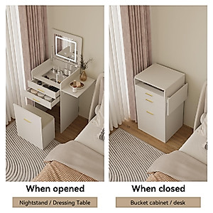 ARTETHYS Small Vanity Desk Set with Flip-top Mirror and Lights White Integrated Makeup Table for Small Space Compact Mini Dressing Table with Fold-up Panel and Storage Chair for Bedroom