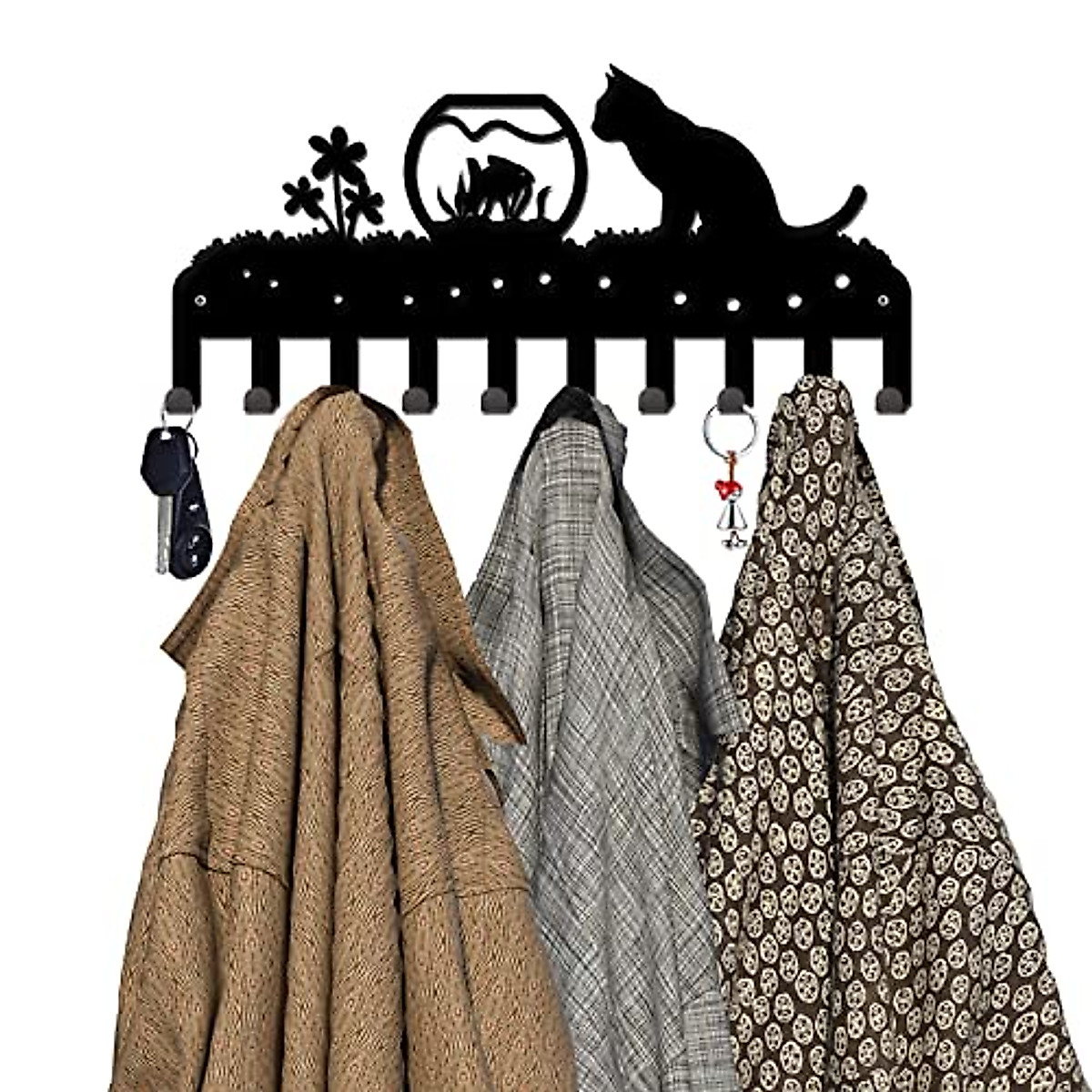 ORIGACH Keys Holder Wall Mounted Big The Cat and Fish Key Hooks for Wall Decorative, Iron Key Rack with 10 Hooks for Front Door Entryway Home and Kitchen, 10 Inches