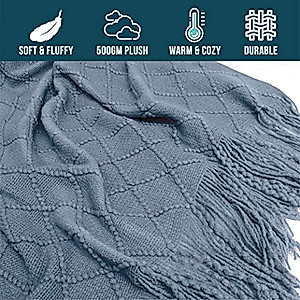 PAVILIA Knitted Throw Blanket Fringe Dusty Slate Light Blue Gray | Decorative Tassel Boho Farmhouse Decor Couch Bed Sofa Fall Outdoor | Woven Textured Afghan Soft Lightweight Cozy Acrylic 50x60
