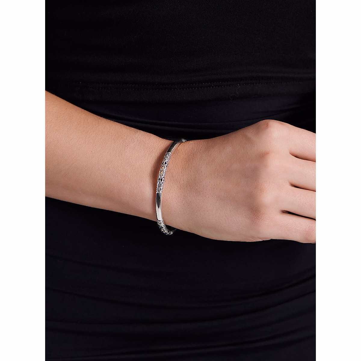 DEVATA Sterling Silver 925 with 18K Gold Accents Bali Accent Slide-on Bangle Bracelet DHK3526ATT (Size Medium)