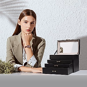 V-LAFUY Jewelry Organizer Box with Mirror, Large Jewelry Organizers and Storage, Jewelry Organizer for Rings Earrings Necklaces Glasses Bracelets Watches, Black Mirror