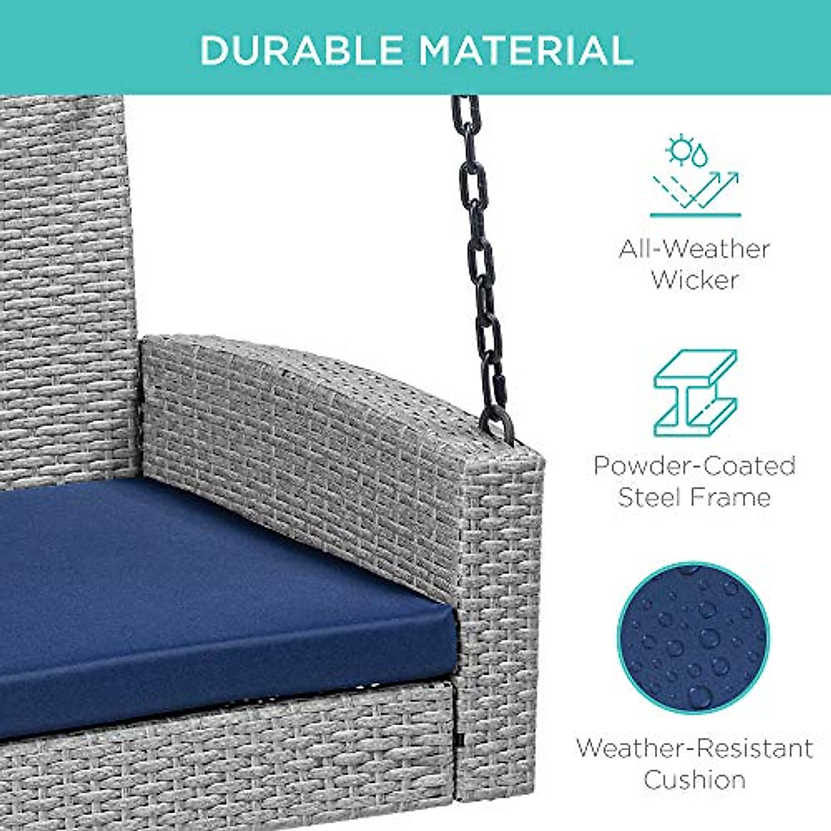 Best Choice Products Woven Wicker Outdoor Porch Swing, Hanging Patio Bench for Deck, Garden w/Mounting Chains, Seat Cushion - Gray/Navy