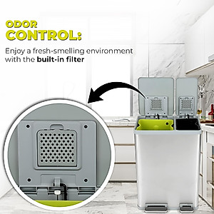 Simpli-Magic 60 Liter / 16 Gallon Rectangular Hands-Free Dual Compartment Recycling Kitchen Step Trash Can with Soft-Close Lid, Brushed Stainless Steel (40L + 20L Capacity)