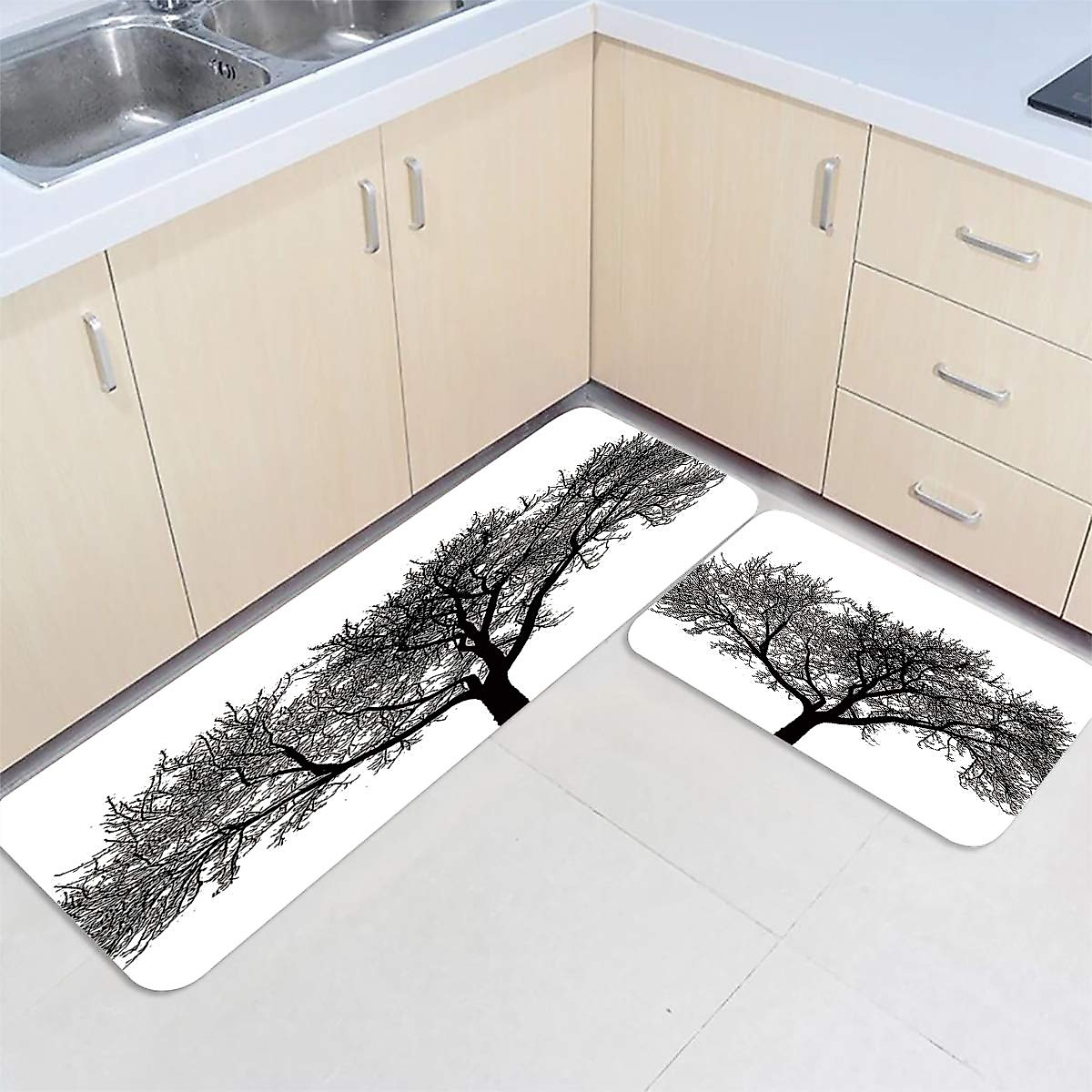 2 Pieces Kitchen Rugs Sets, Tree Stem Trunk Branches Black and White Non-Slip Hallway Stair Runner Rug Mats Doormat for Floor, Office, Sink, Laundry